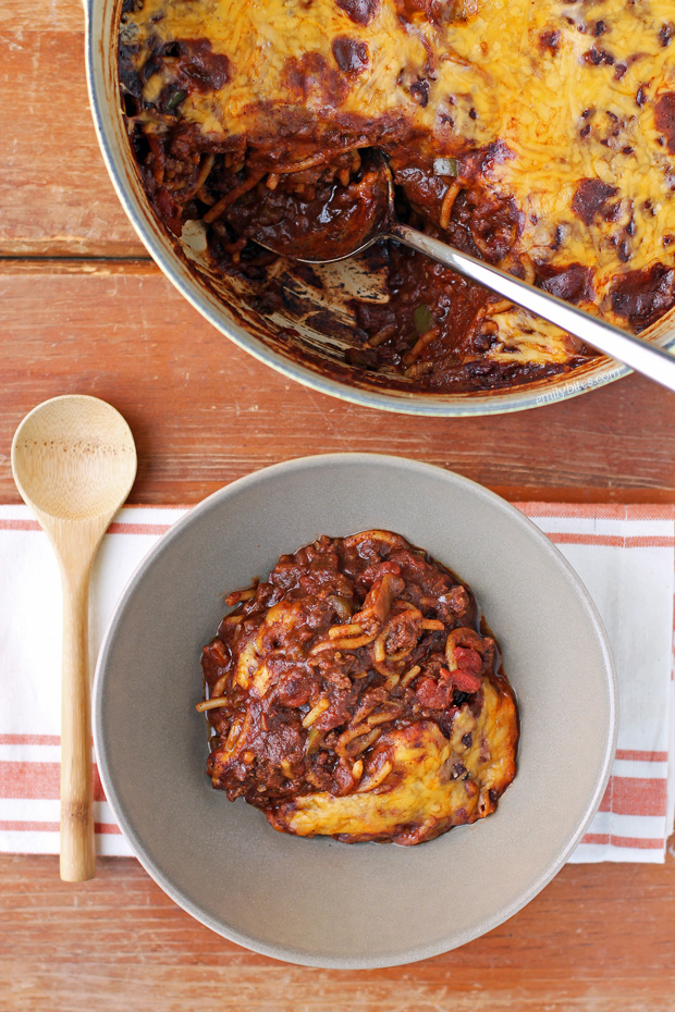 One-Pot Cincinnati Chili Spaghetti Bake - Emily Bites