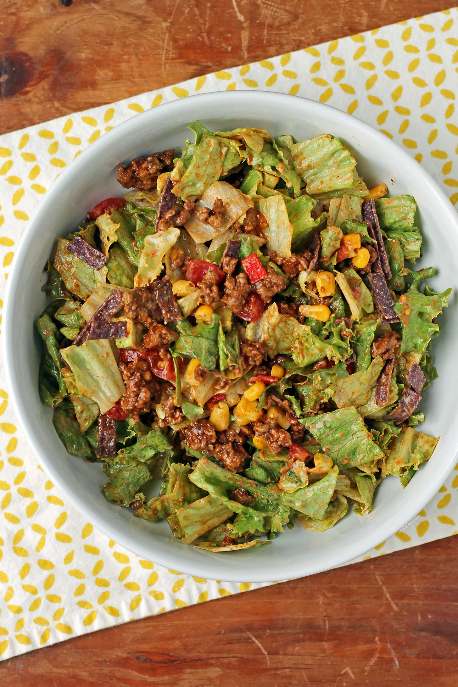 Beef Taco Salad with Salsa-Ranch Dressing - Emily Bites