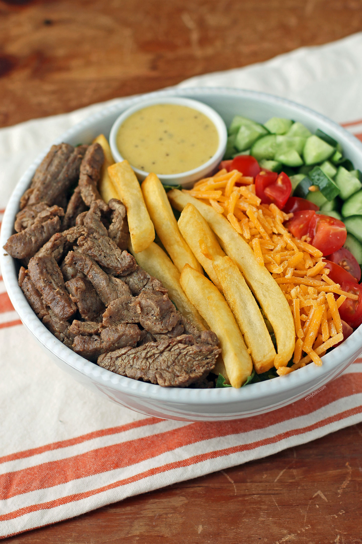 Pittsburgh Steak Salad with Warm Riviera Dressing - Emily Bites